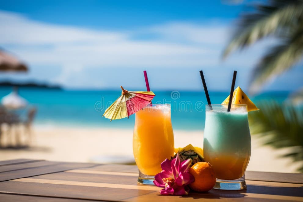 A Beachfront Table with Tropical Cocktails Stock Illustration ...