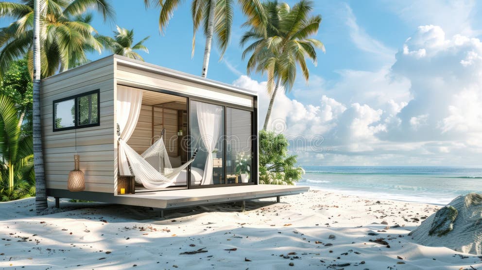Beachfront Tiny House with Palms Background Stock Image - Image of ...