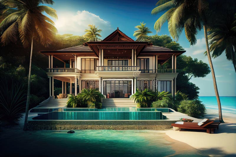 Beachfront Villa with Infinity Pool, Surrounded by Tropical Foliage ...