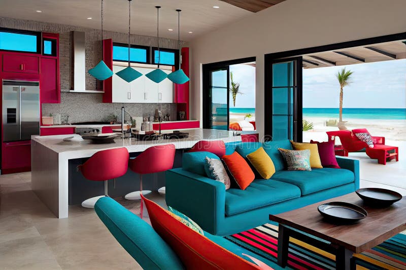 Beachfront Villa, with Open Floor Plan and Bold Color Palette for ...
