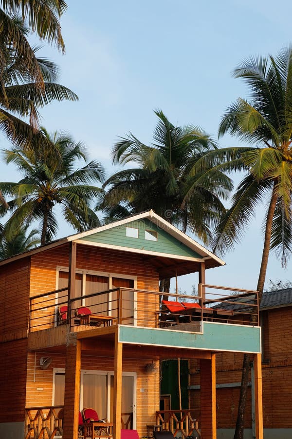 Beachfront Wooden Cottage Balcony Palm Trees Background Stock Photos ...