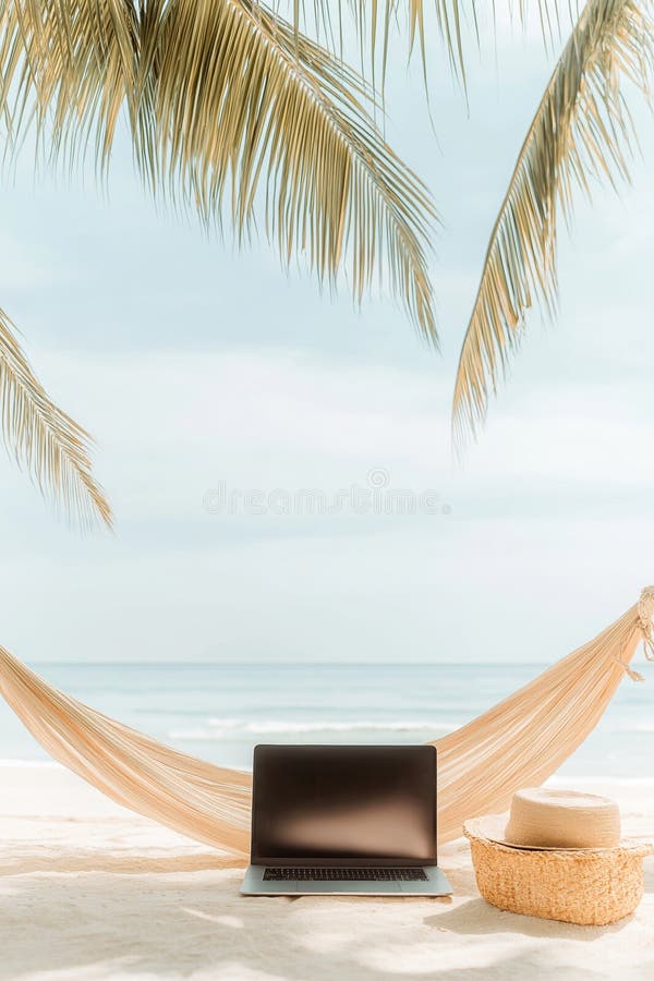 Beachfront Workspace Setup with Laptop and Straw Hat Under Palm Trees ...
