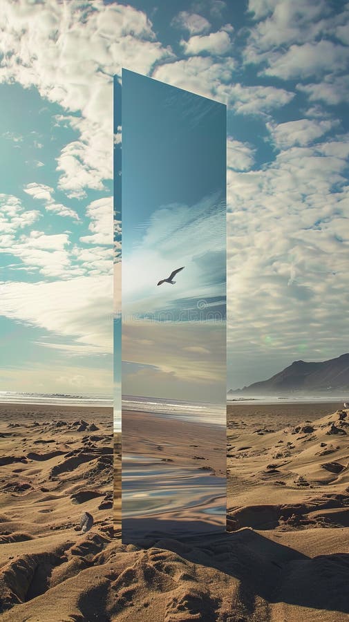 Beachscape with a Reflective Monolith Under Cloudy Sky, Surreal Concept ...