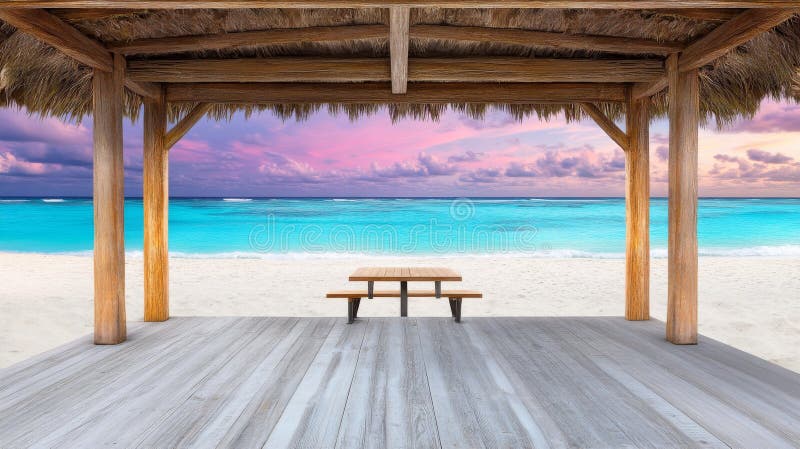 Beachside Cafe at Sunset Featuring Wooden Tables and Chairs Stock Image ...