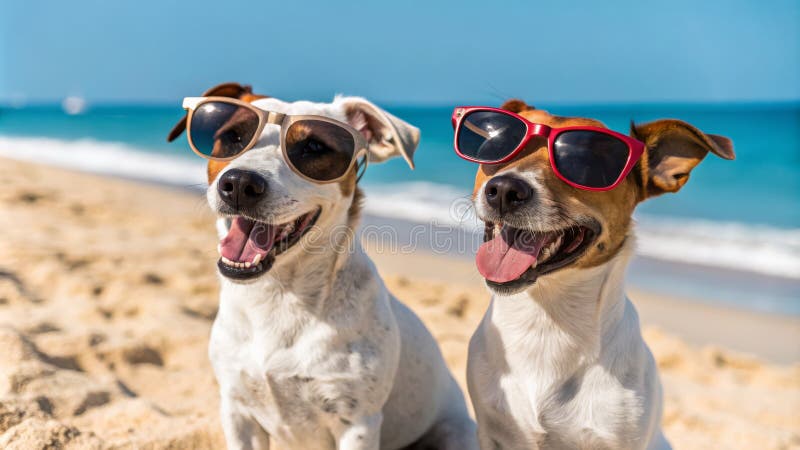 Beachside Canine Cool Two Jack Russells in Sunglasses, Sandy Beach ...