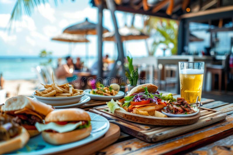 Beachside Dining Setup Featuring a Variety of Food Platters Under a ...