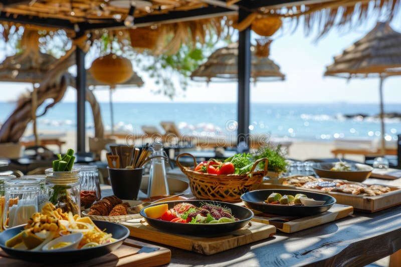 Beachside Dining Setup Featuring a Variety of Food Platters Under a ...