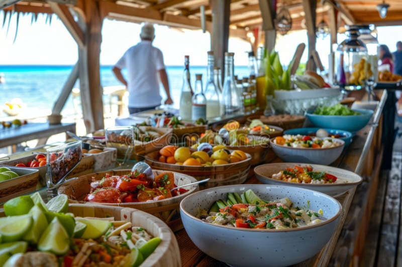 Beachside Dining Setup Featuring a Variety of Food Platters Under a ...