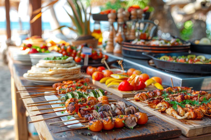 Beachside Dining Setup Featuring Variety Food Platters Under Shaded ...