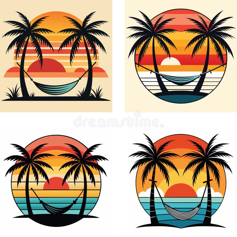 Beachside Hammock & Retro Sunset Escape Stock Illustration ...