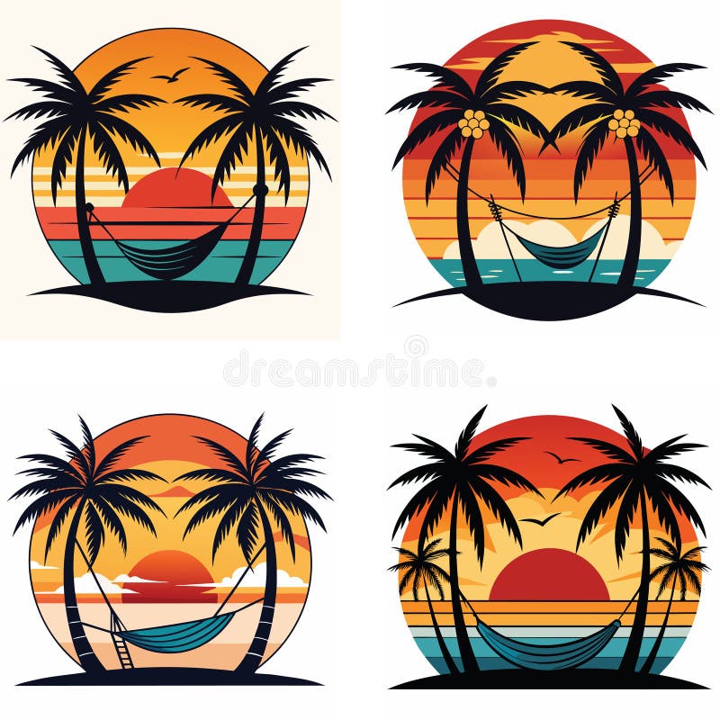 Beachside Hammock & Retro Sunset Escape Stock Illustration ...