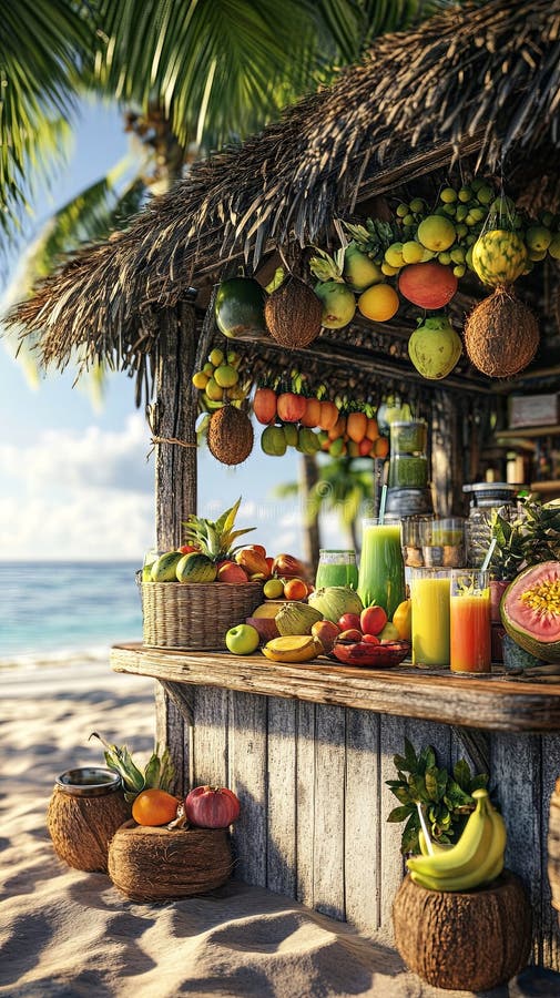 A Beachside Juice Bar with Tropical Fruits and Fresh Coconuts. Pic ...