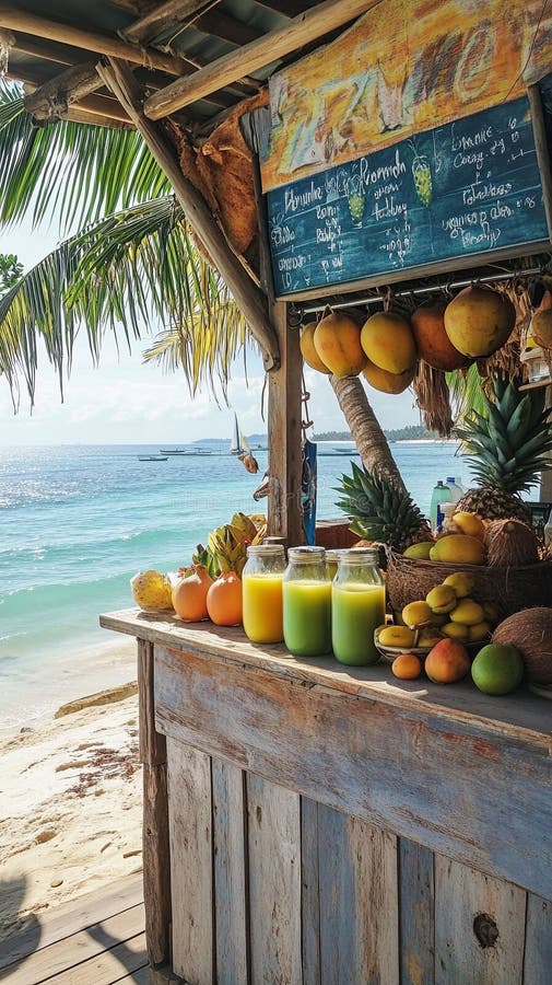 A Beachside Juice Bar with Tropical Fruits and Fresh Coconuts. Pic ...
