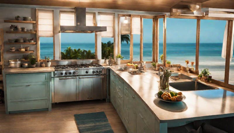 A Beachside Kitchen with Neon Lights Casting a Reflection on the Stock ...