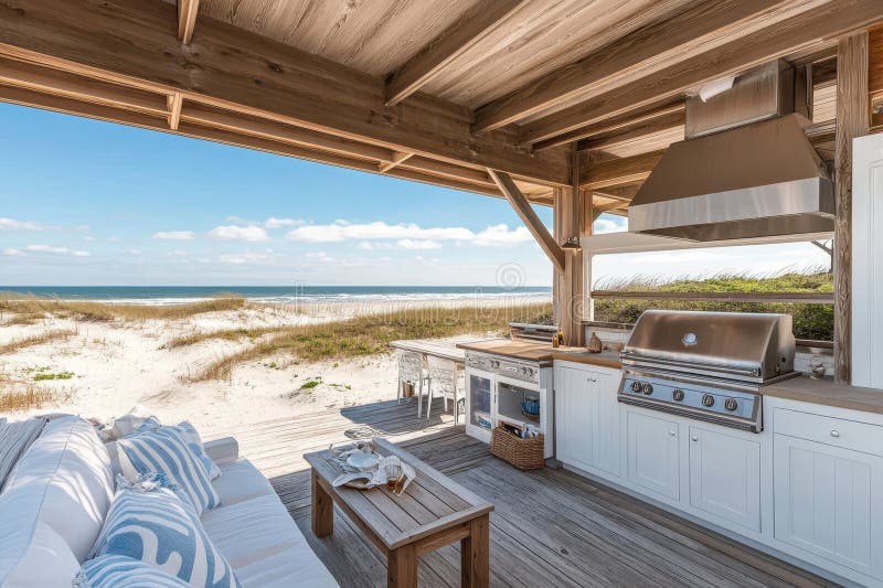 A Beachside Outdoor Kitchen with Seating, Offering a Scenic View of the ...