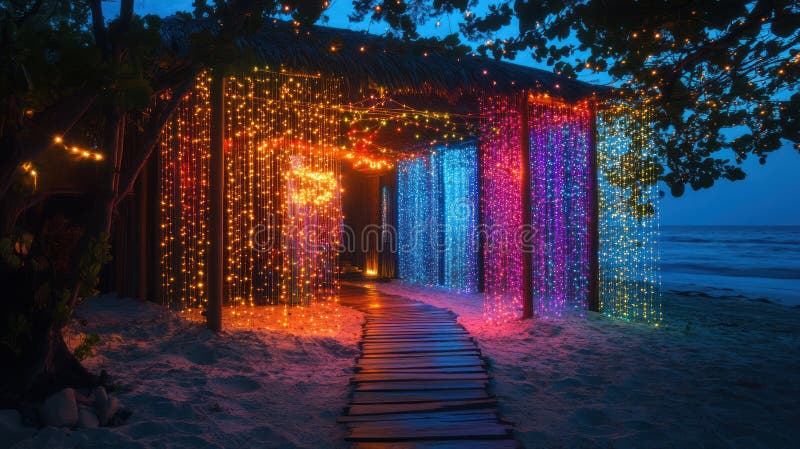Beachside Pathway at Night Illuminated by Colorful String Lights Stock ...