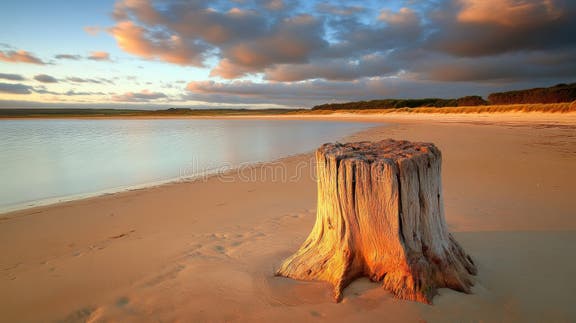 Beachside Relic: Sunset S Glow on a Weathered Tree Stump Stock Image ...