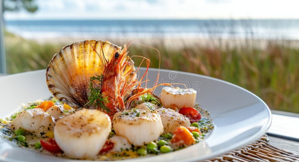 A Beachside Seafood Platter Featuring Shrimp, Fish, and Scallops Stock ...
