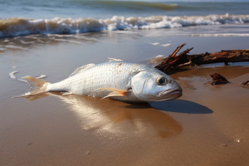 Beachside Solitude Dead Fish on the Shore, Waves in Background Stock ...