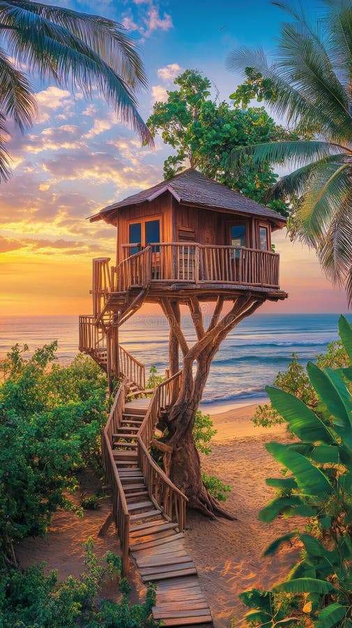 A Beachside Tree House Featuring a Ladder for Access is Also Available ...