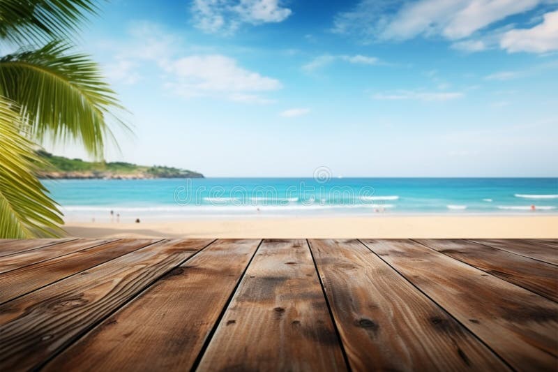 Beachy Atmosphere Old Wood Table with a Blurred Seaside View Stock ...