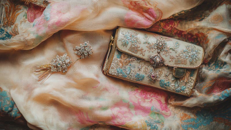 Beaded Clutch Purse on Floral Fabric Background Stock Illustration ...