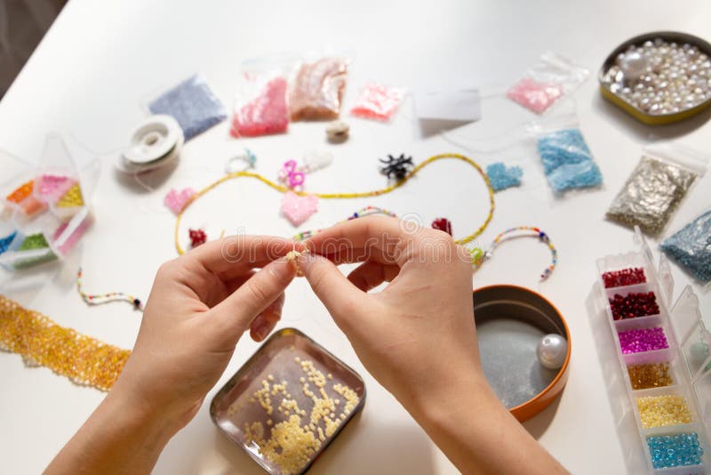 Beading Workplace with Hands in the Process of Handicraft Stock Image ...