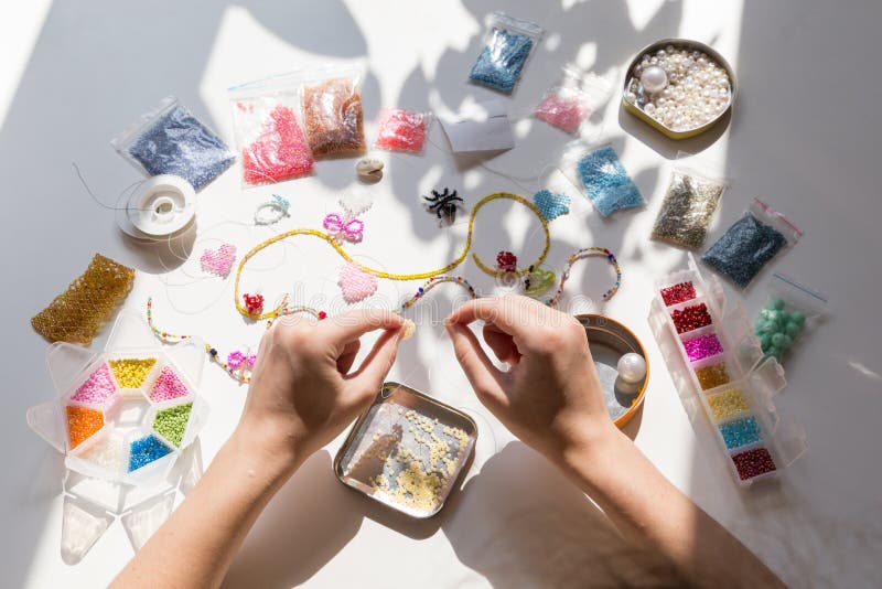 Beading Workplace with Hands in the Process of Handicraft Stock Image ...