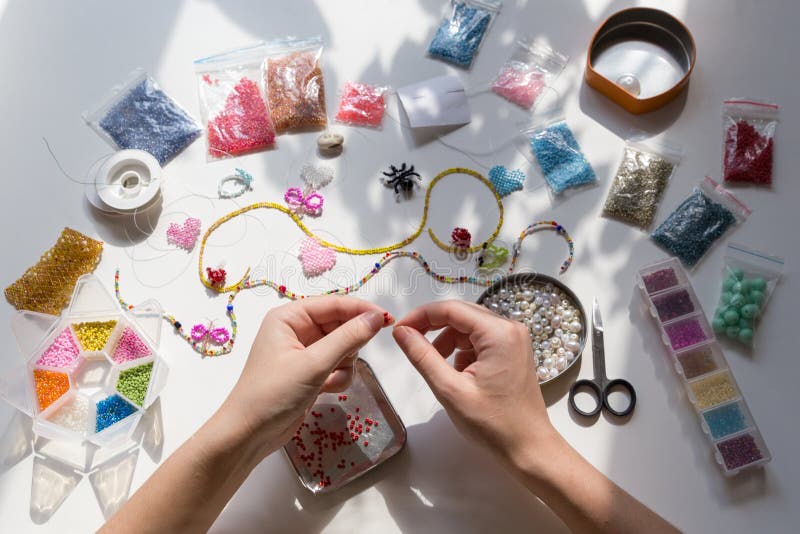 Beading Workplace with Hands in the Process of Handicraft Stock Image ...