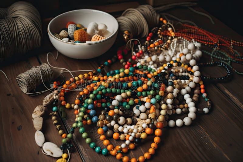Beads and String Sprawled Out on Table, Ready To Be Used Stock ...