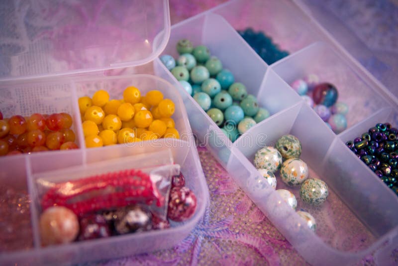 Beads in two containers stock photo. Image of pink, heap - 78887624