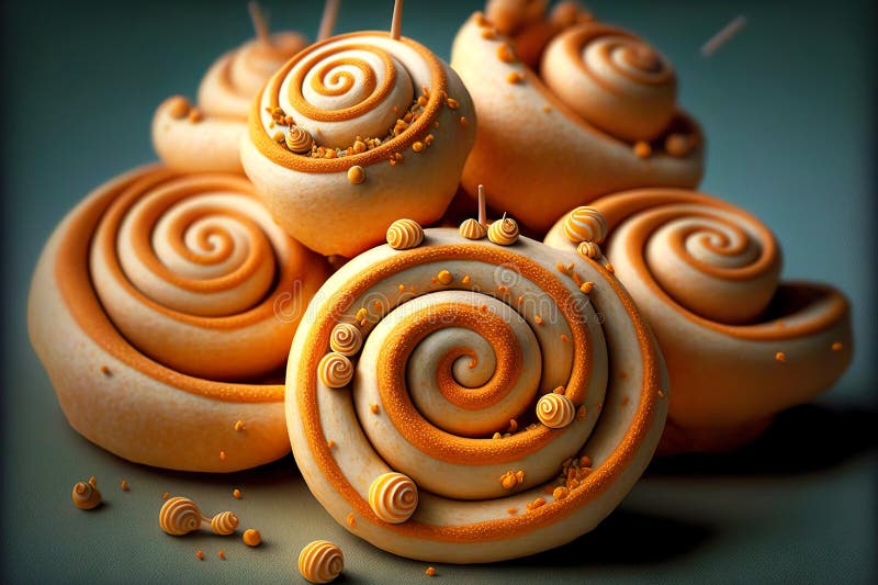 Beaful Curly Cinnamon Buns with Creamy Coating in Shape of Snails Stock ...