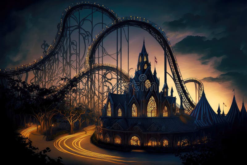 Beaful Evening View of Amusement Park with Steep Roller Coaster Stock ...