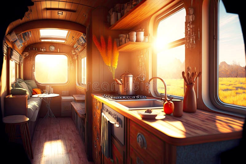 Beaful Interior of Trailer Tiny House in Rays of Morning Sun Stock ...