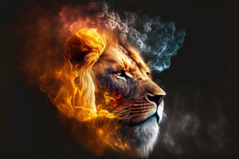 Beaful Lion Muzzle on Black Background in Smoke and Fire Stock ...