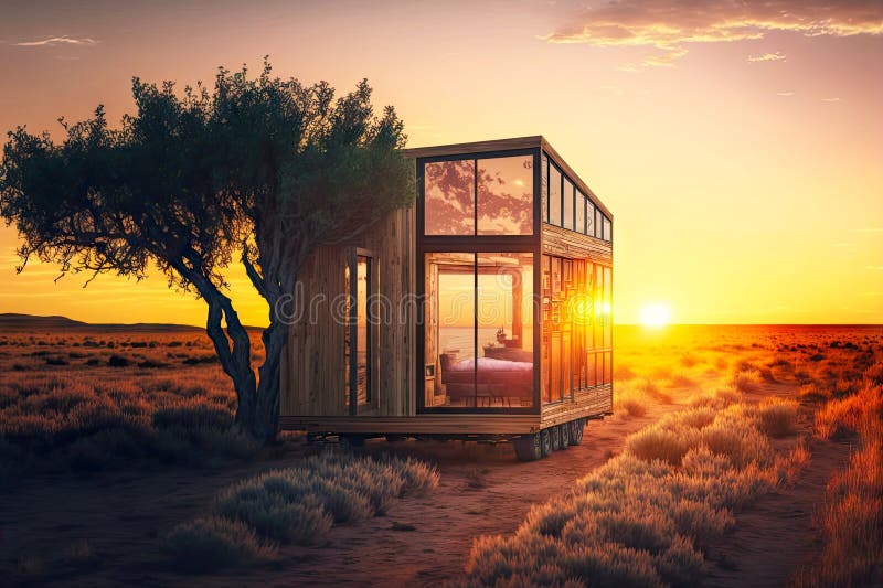 Beaful Wooden Tiny House with Large Windows in Wall in Evening in Rays ...