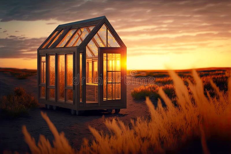 Beaful Wooden Tiny House with Large Windows in Wall in Evening in Rays ...