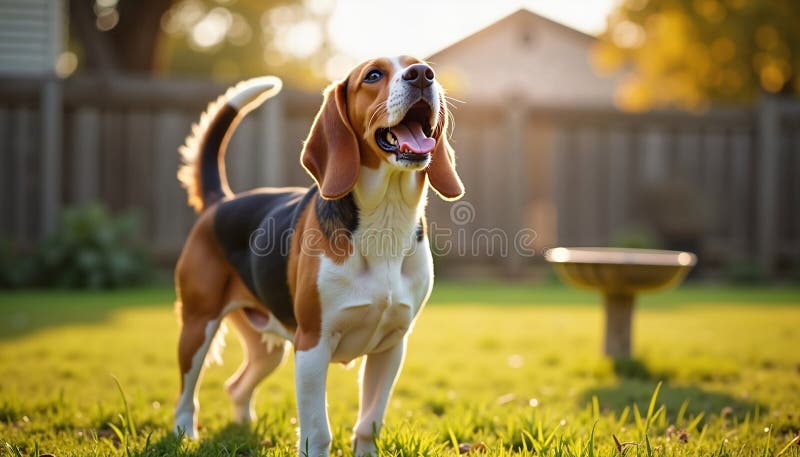 Beagle Dog Howling in Front Yard at Dawn, Muzzle Lifted, Next To ...