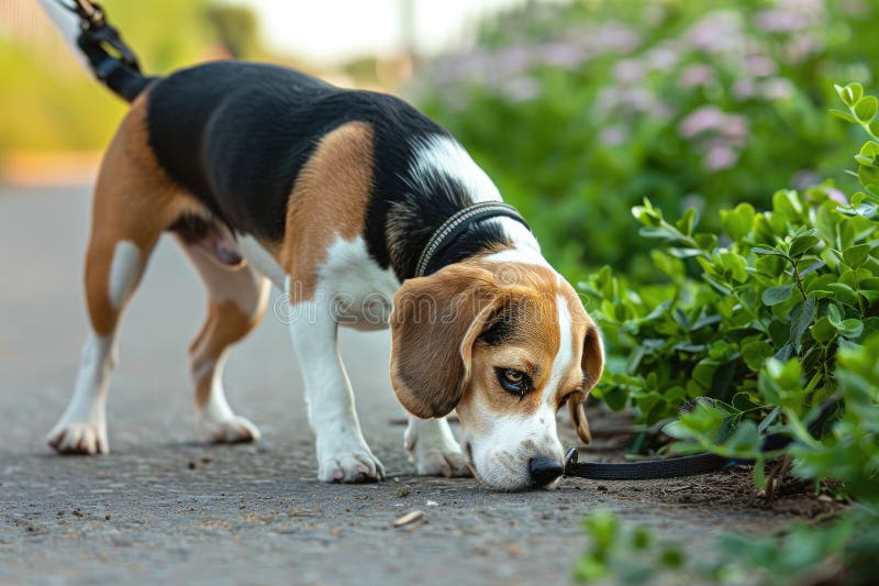A Beagle Dog on a Leash Sniffing the Ground Stock Illustration ...