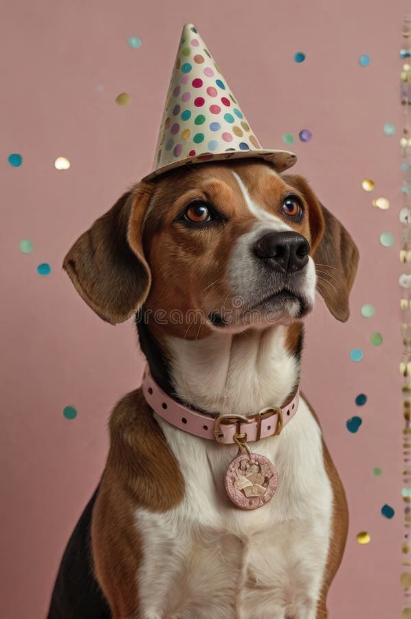 Beagle Dog with Party Hat and Confetti in Festive Backdrop Stock ...