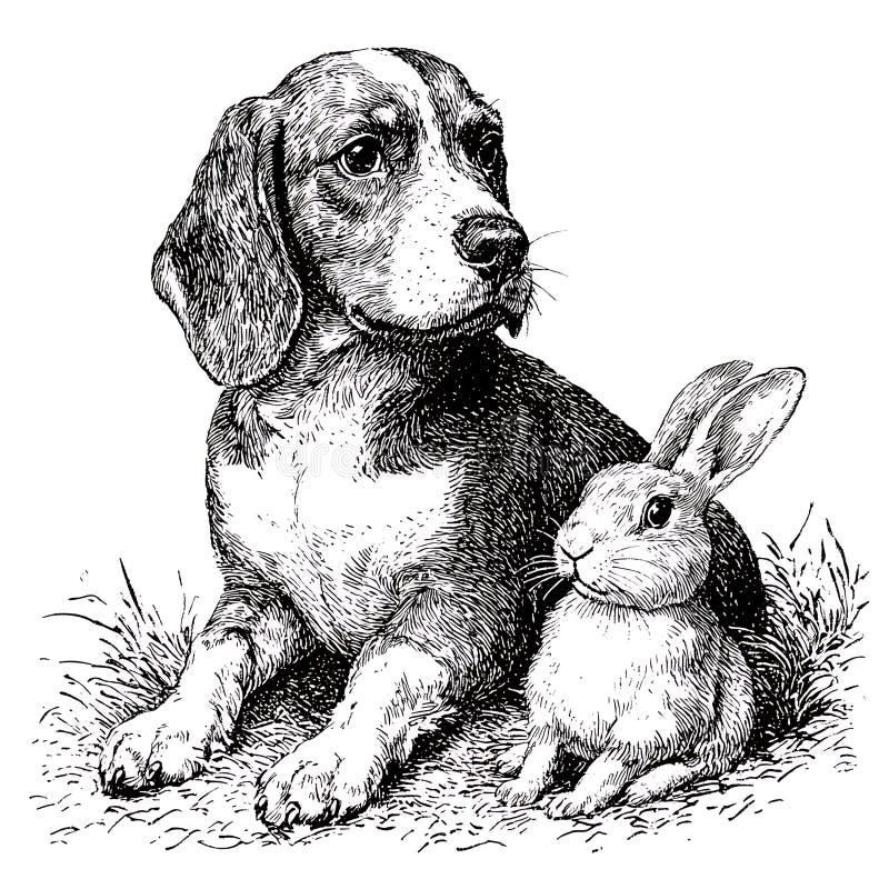 Beagle Dog and Rabbit Sitting Together in Monochrome Illustration Stock ...