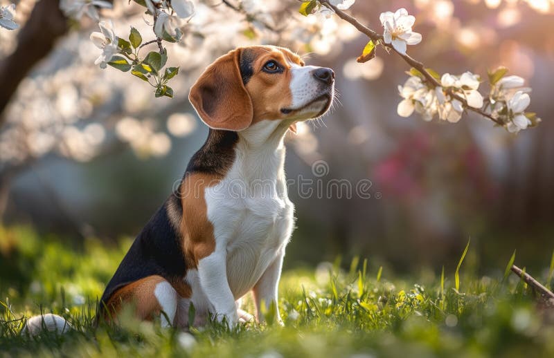 Beagle Dog Sitting on Grass Under Apple Tree with White Flowers in ...