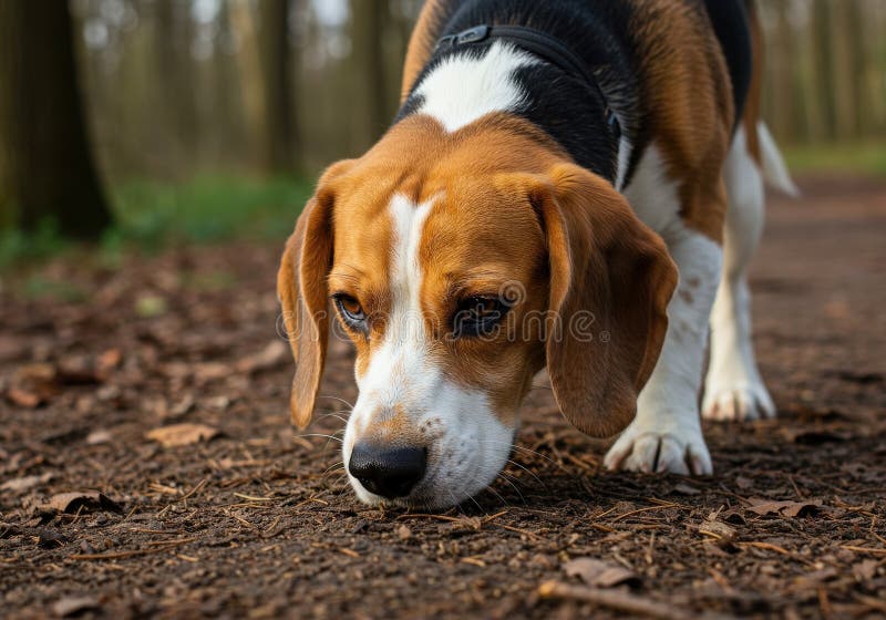 Beagle Dog Sniffing the Ground Closely on a Forest Path Stock Image ...