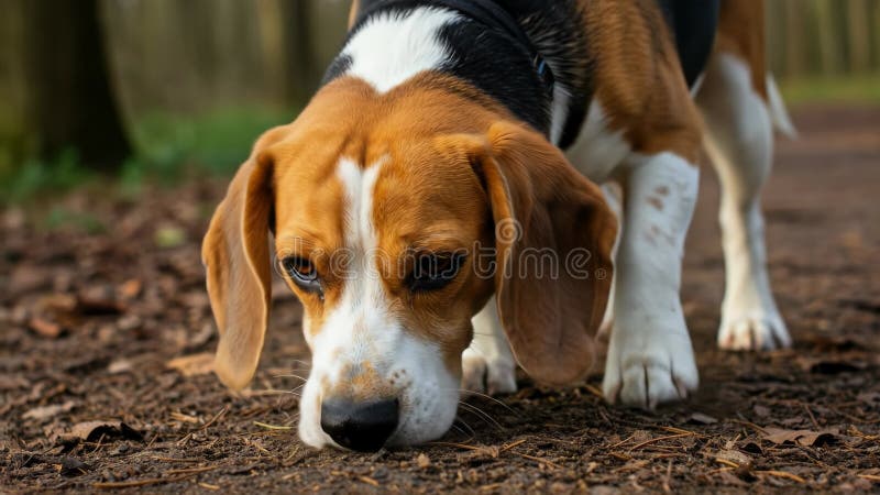 Beagle Dog Sniffing the Ground Closely on a Forest Path Stock Video ...