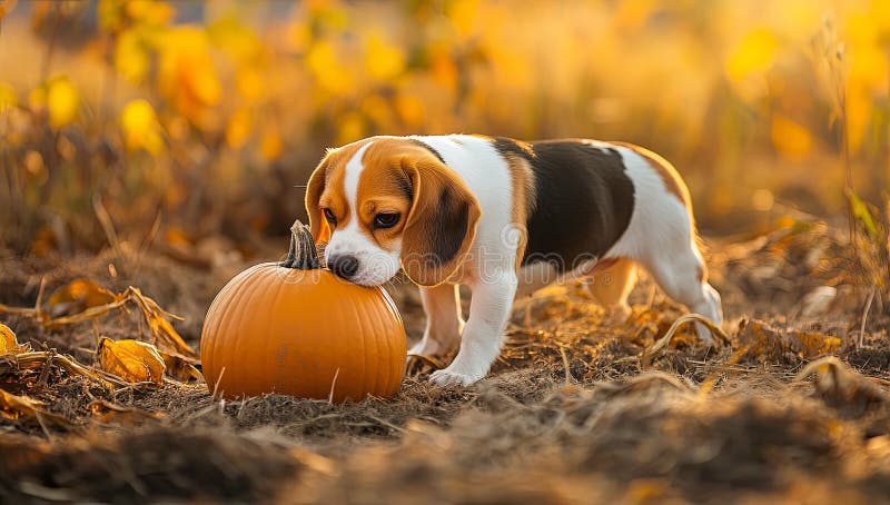 A Beagle Dog is Sniffing a Pumpkin. Quality Stock Image - Image of park ...