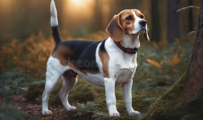 A Beagle Dog Stands Alert in a Forest Setting, Tail Raised, with Fall ...