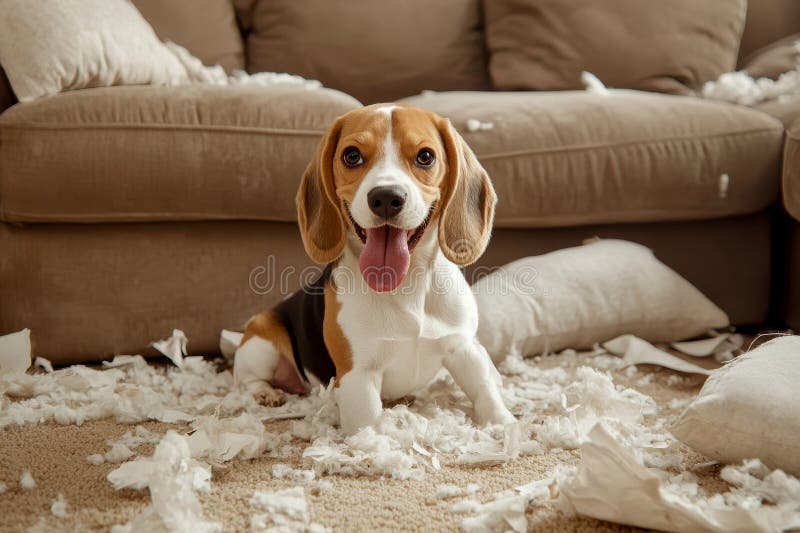 A Beagle Dog Torn Pillow Stuffing and Paper on a Beige Carpet. Stock ...
