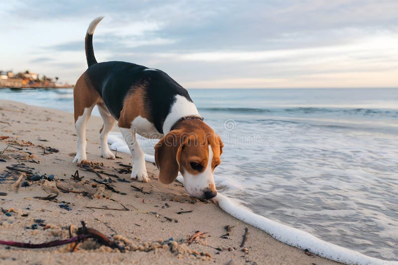 Beagle Exploring the Beach, Nose Leading To New Discoveries by Shore ...