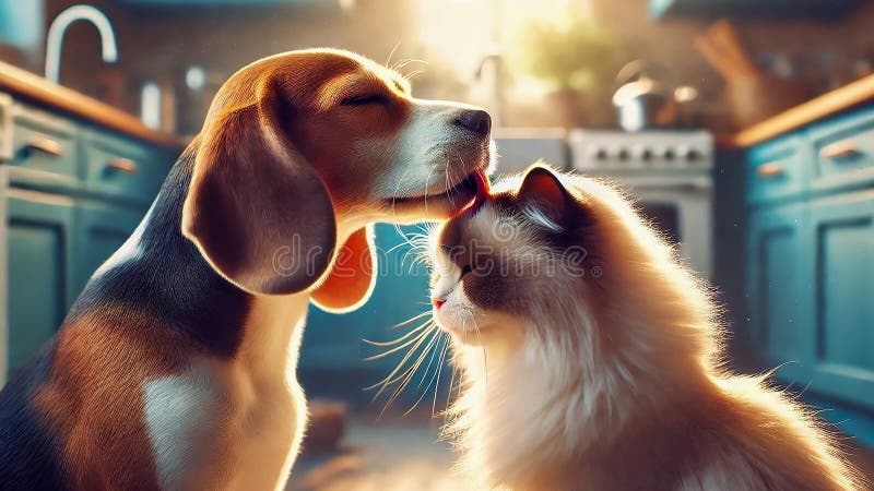 Beagle Gently Licking a Ragdoll Cat S Head Stock Illustration ...