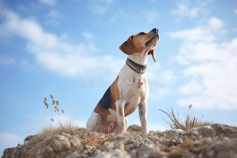 Beagle on Hilltop Howling Upward Stock Photo - Image of barking ...
